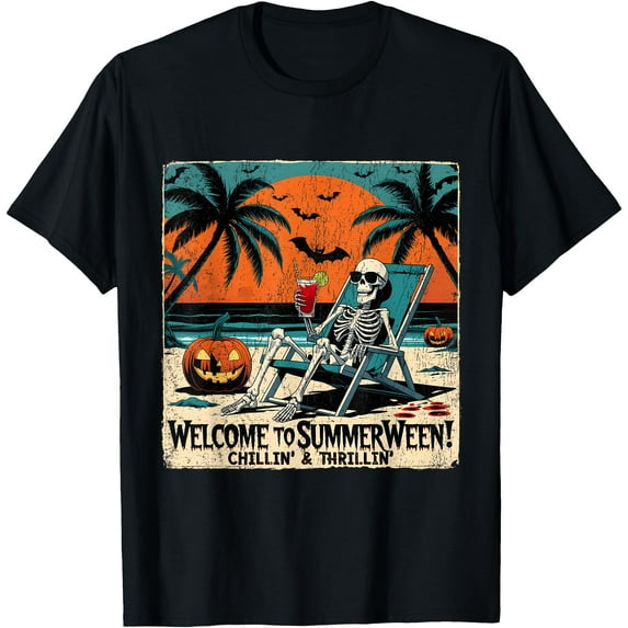 Hot Trending Tee With Summerween Skeleton Beach Halowen Tropical Art ...