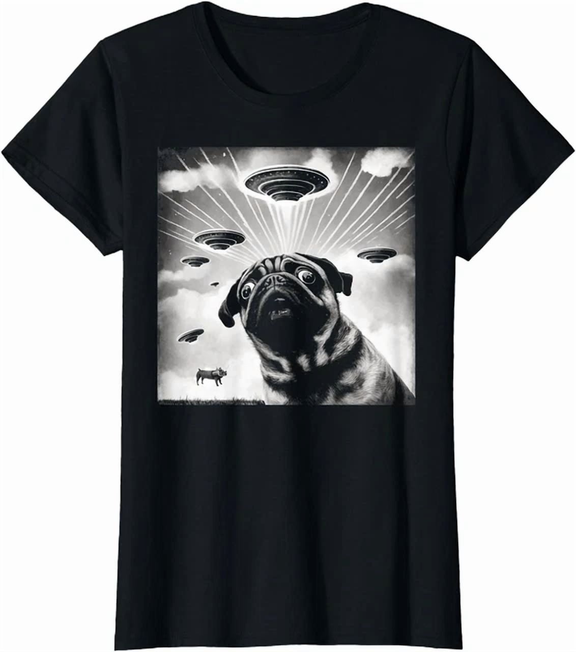 Hot Trending Tee With Ufo Flying Alien Uaps Pug Selfie Retro T-Shirt ...