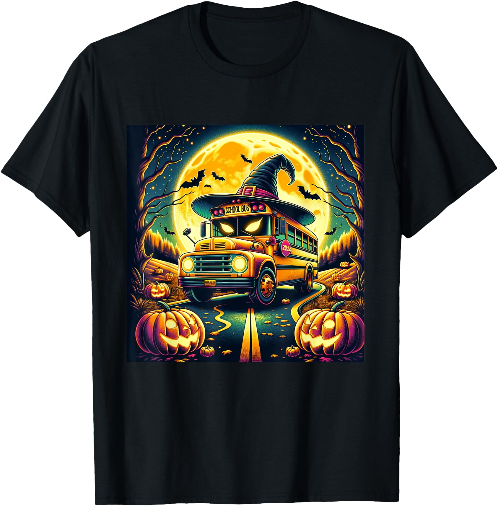 Hot Trending Tee With Vintage Halowen School Bus Witch Hat And Pumpkins ...