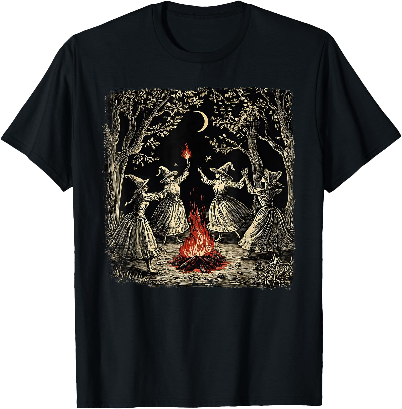 Hot Trending Tee With Vintage Witch Coven Dancing Around Bonfire ...