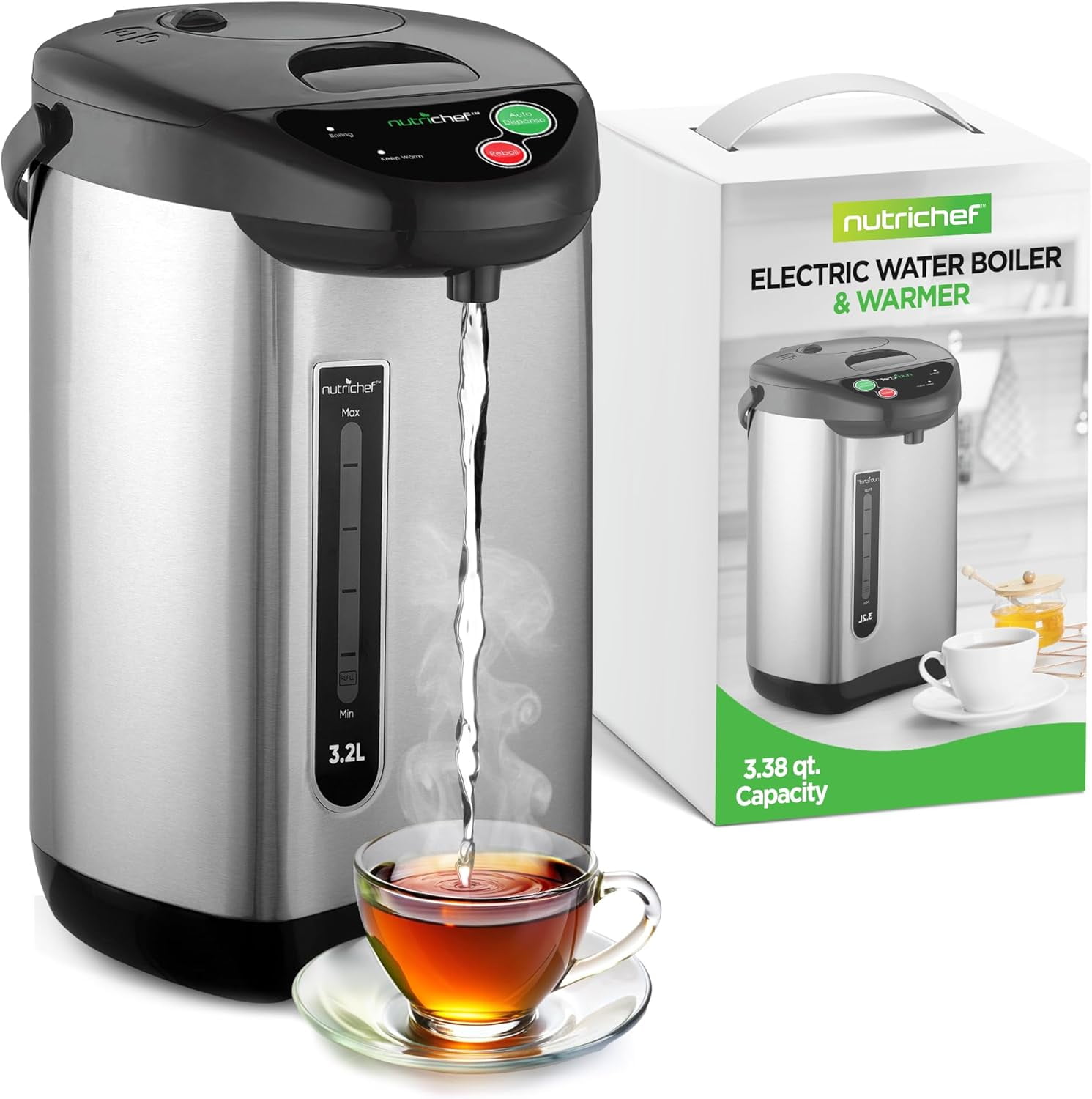 Hot Water Urn Pot 3.38 QT, Insulated Stainless Steel Dispenser & Boiler ...