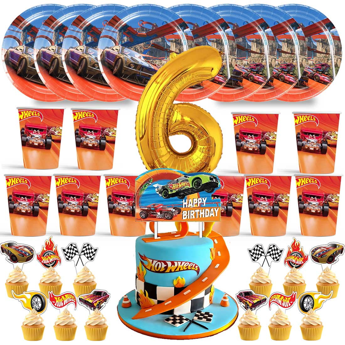 Hot Wheel Birthday 6th Cups Party Supplies Plates Fans Decorations Cake ...