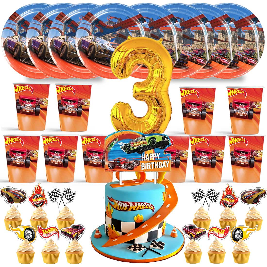 Hot Wheel Cars Race Birthday 3rd Cups Party Supplies Plates Fans ...