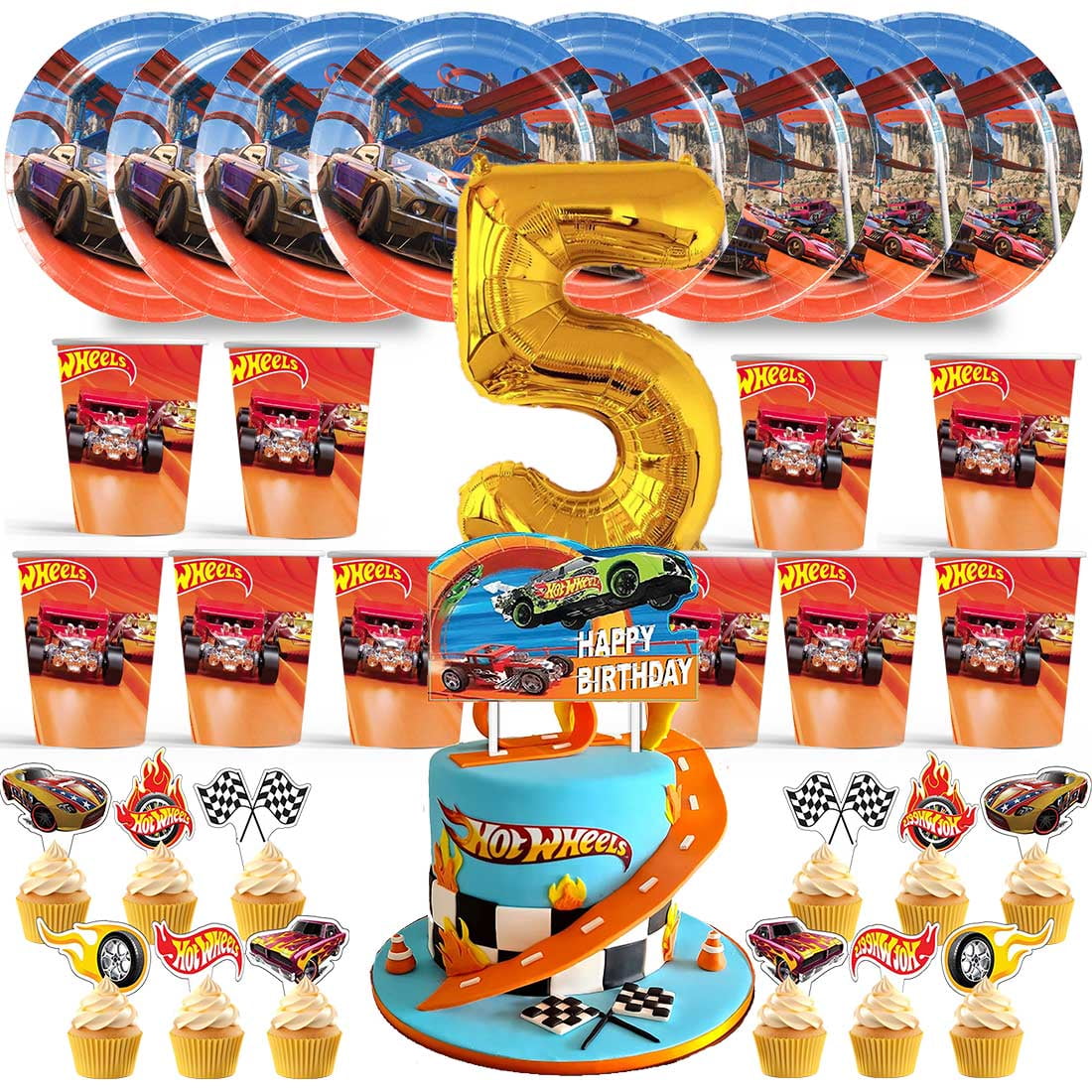 Hot Wheel Cars Race Birthday 5th Cups Party Supplies Plates Fans ...