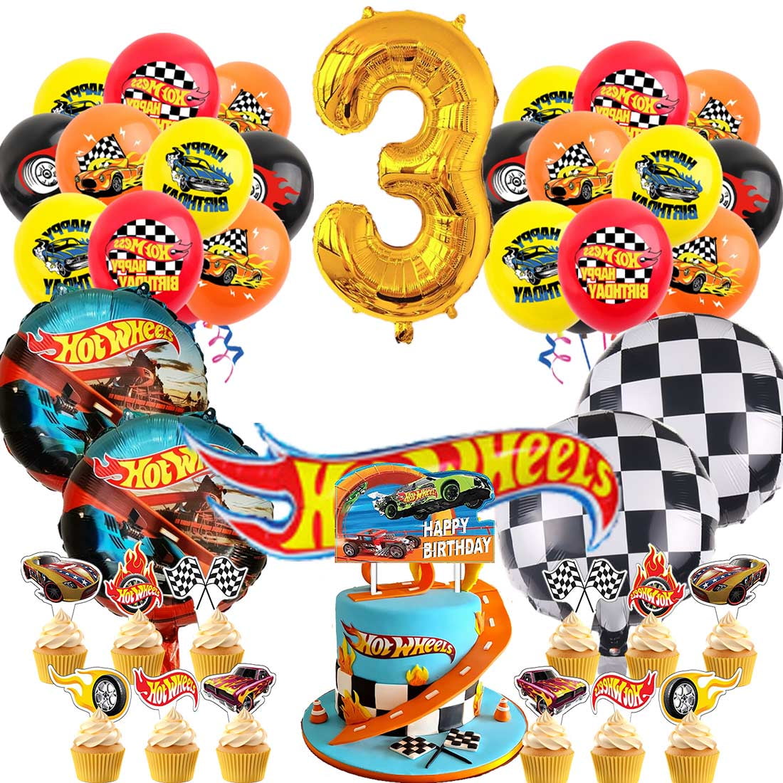 Hot Wheel Cars Race Party Supplies 3rd Decor Kit Balloons Birthday Cake ...