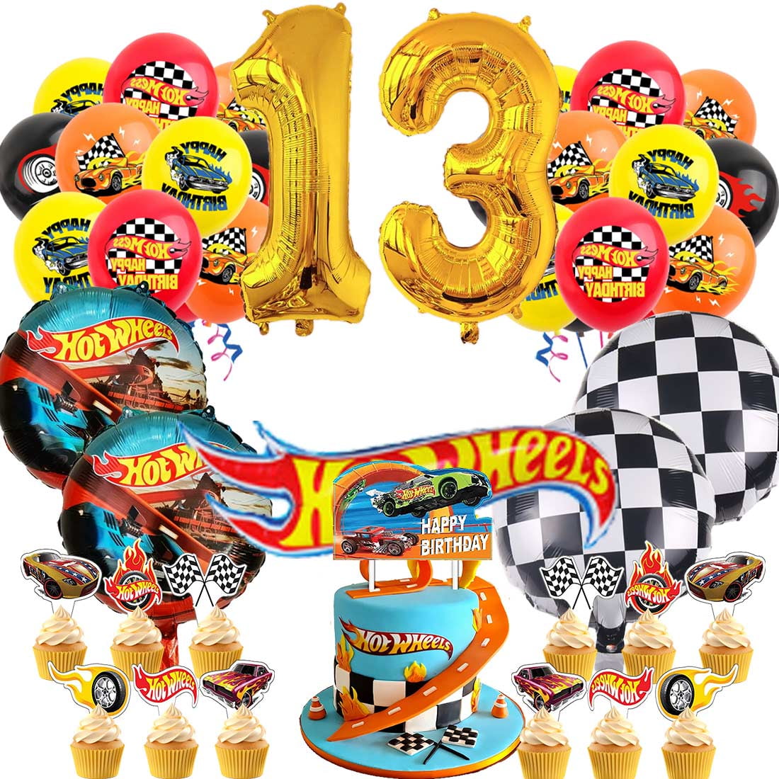 Hot Wheel Party Supplies 13th Decor Kit Balloons Birthday Cake Topper ...