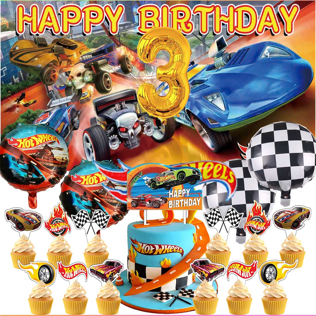 Hot Wheel Party Supplies Decor 3rd Kit Balloons Birthday Cake Topper ...