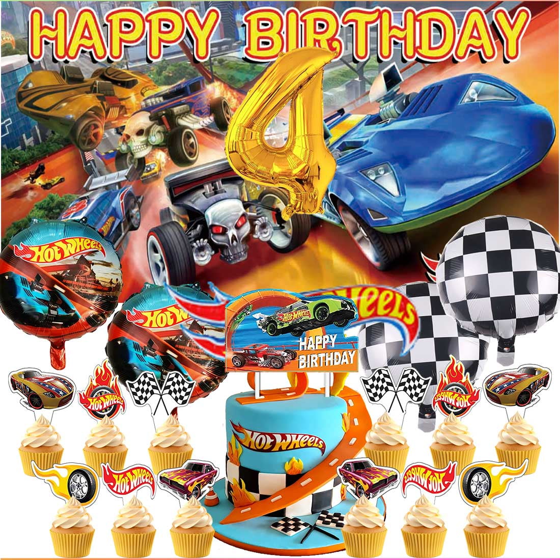 Hot Wheel Party Supplies Decor 4th Kit Balloons Birthday Cake Topper ...