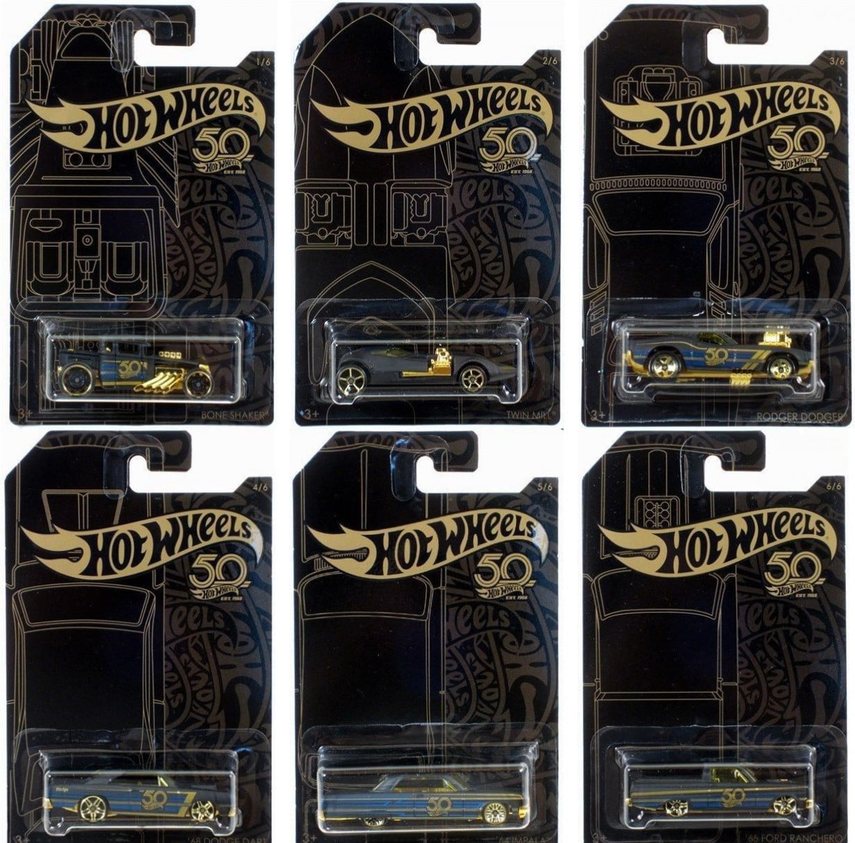 Hot Wheels Classic 50th Anniversary Black & Gold Set of 6 Die-Cast Cars ...