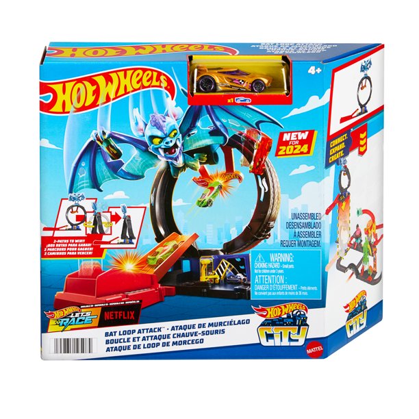 Hot Wheels City Bat Loop Attack Playset with 1:64 Scale Toy Car ...