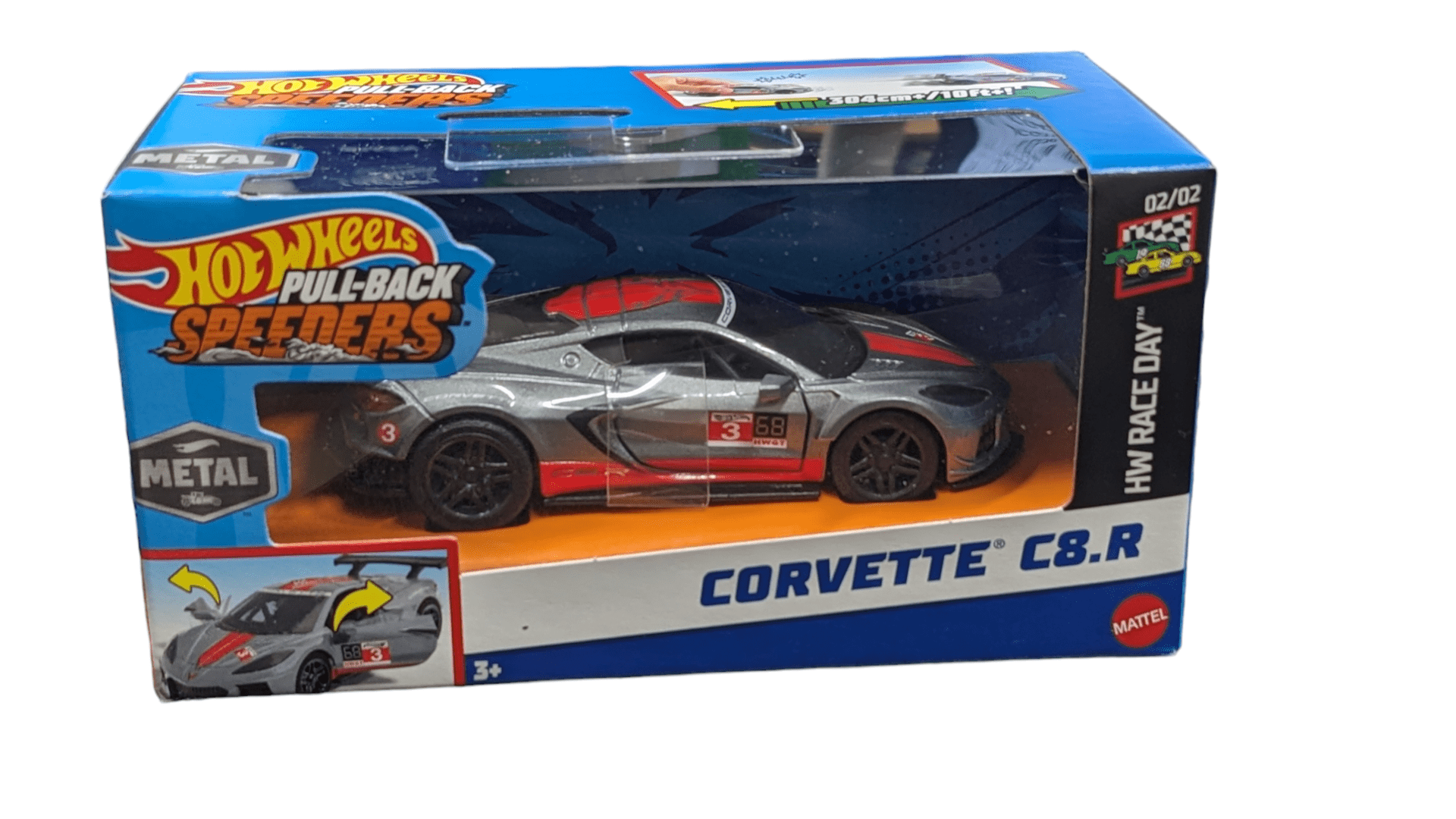 Hot Wheels Corvette C8.R Pull-Back Speeders Toy Car in 1:43 Scale ...