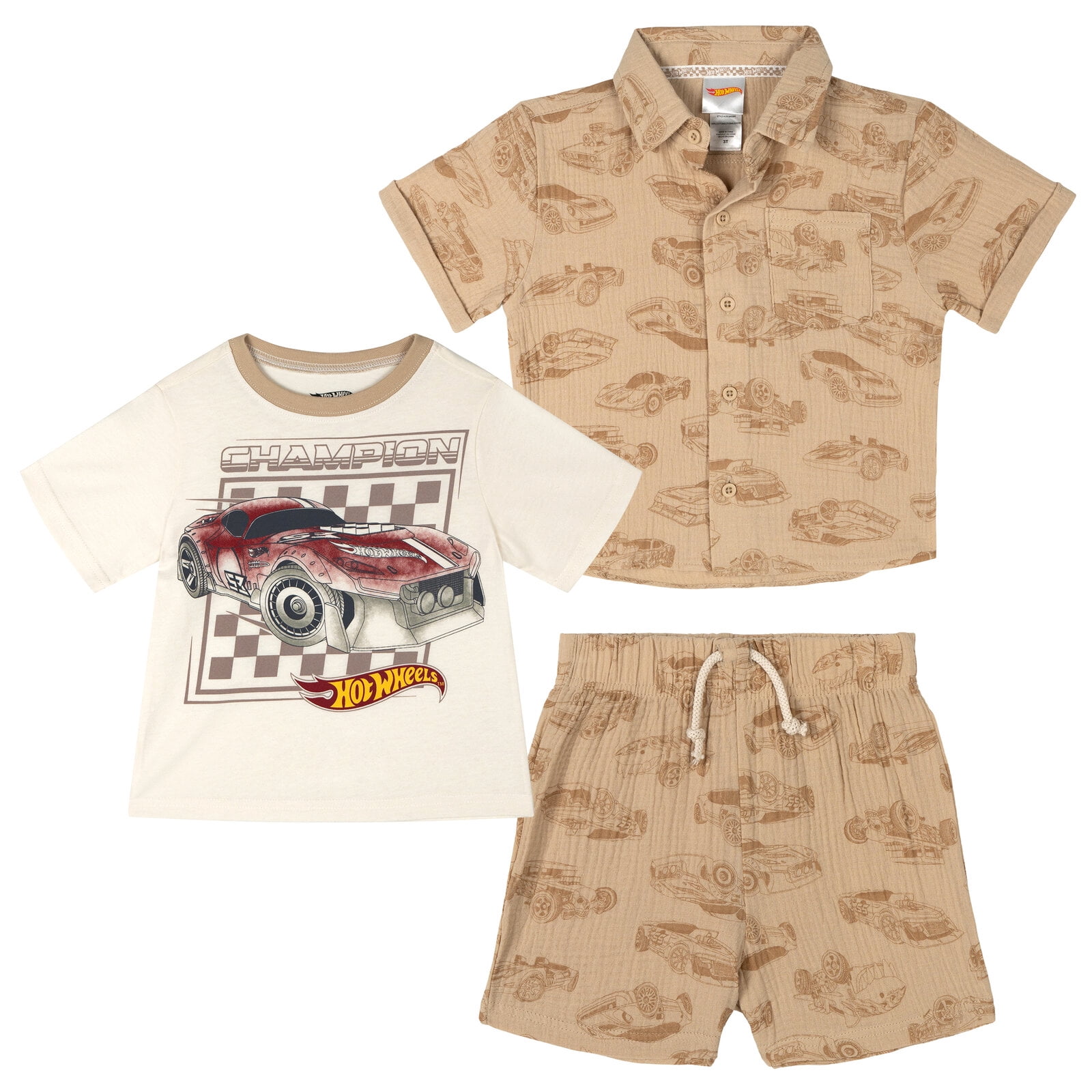 Hot Wheels Cotton Gauze Button Down Shirt, T-Shirt and Shorts 3 Piece ...