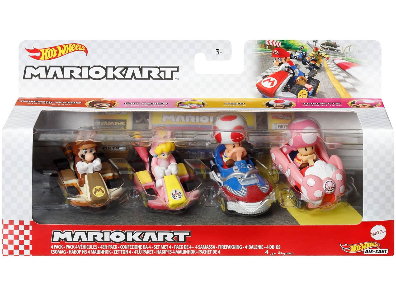 Hot Wheels Mario Kart Tanooki Mario, Cat Peach, Toad, Toadette Diecast ...
