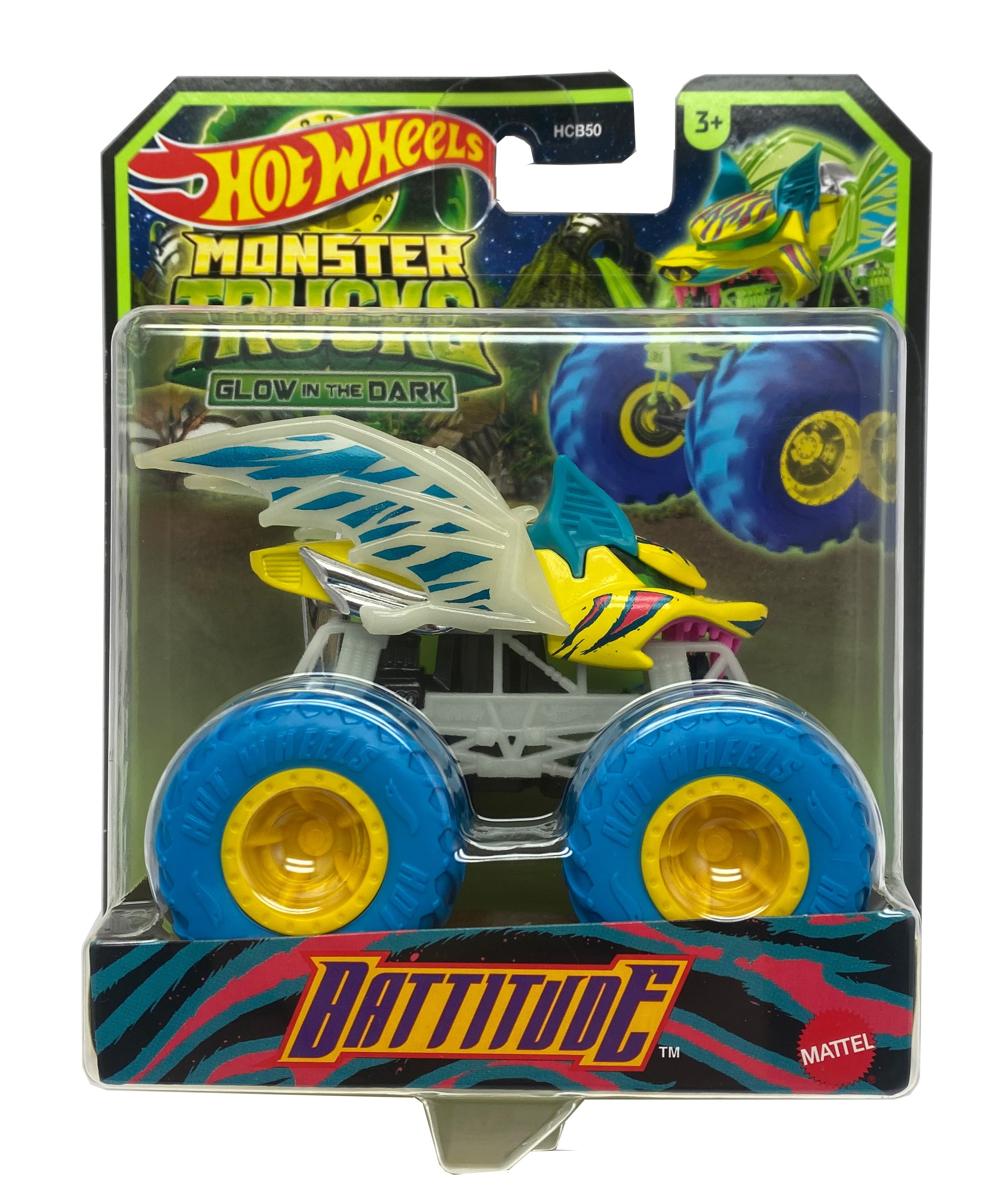 Hot Wheels Monster Trucks 1:64 Scale Diecast Glow in The Dark Battitude ...