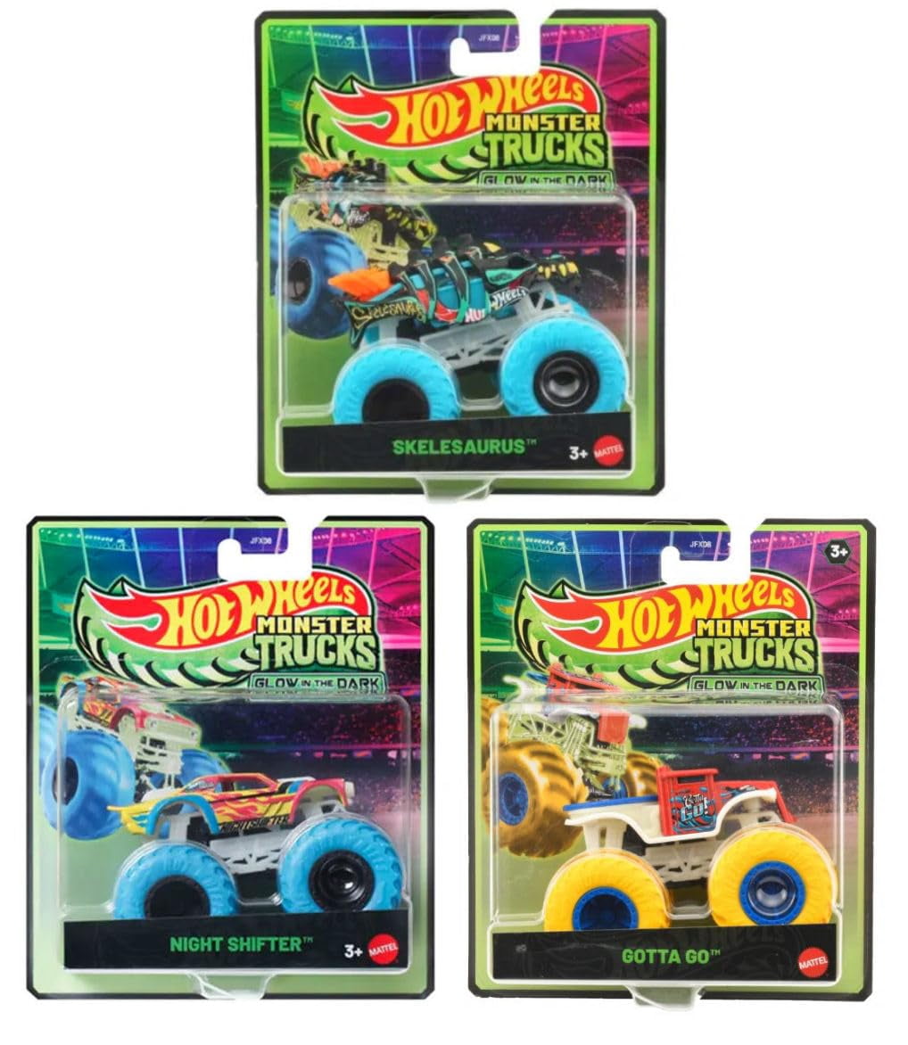 Hot Wheels Monster Trucks Glow in The Dark Collection, Skelesaurus ...