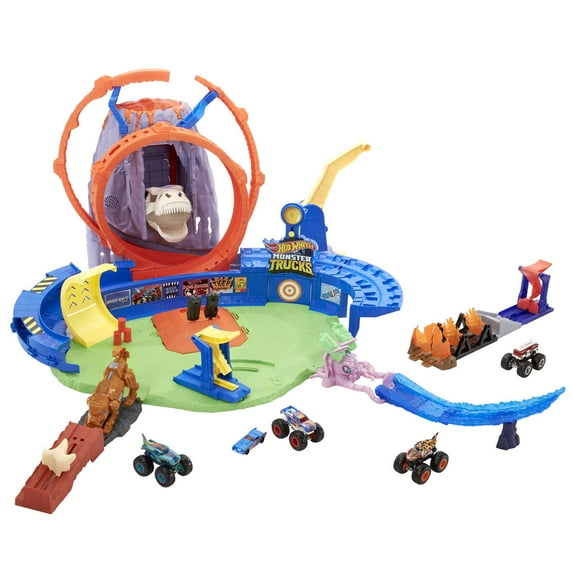 Hot Wheels T-Rex Dinosaur Monster Trucks Volcano Arena Playset with Toy ...