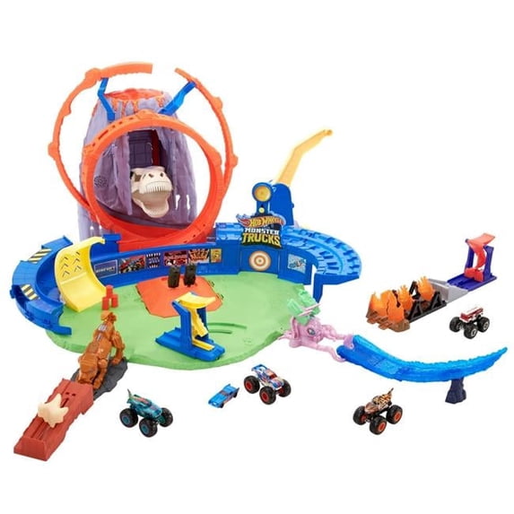 Hot Wheels Dinosaur T-Rex Monster Trucks Volcano Arena Playset with ...