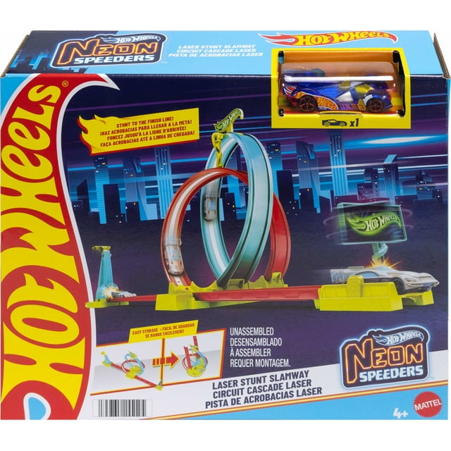 Hot Wheels Neon Speeders Track Set, Laser Stunt Slamway with 1 Car, Tri ...