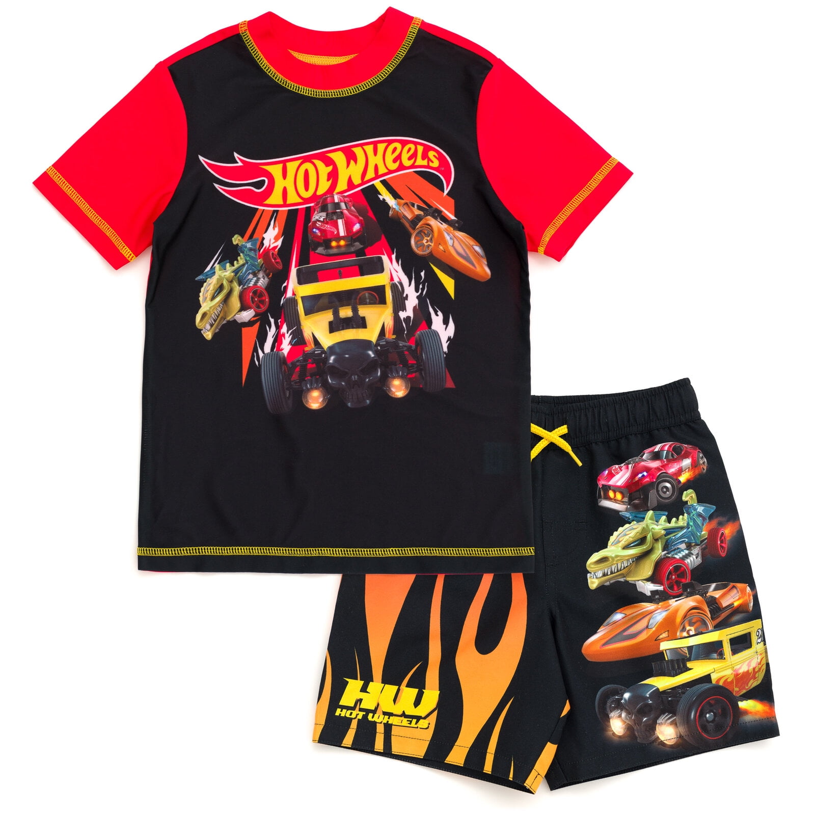 Hot Wheels UPF 50+ Rash Guard and Swim Trunks Outfit Set Toddler to Big ...