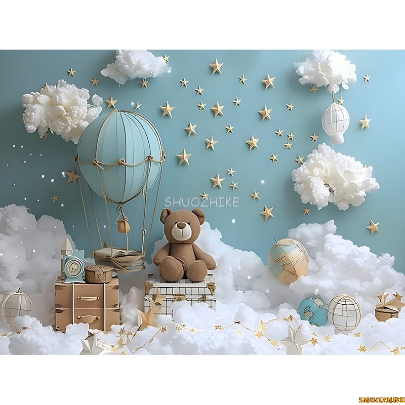 Hot air Balloon And Clouds Happy Birthday Photography Background ...