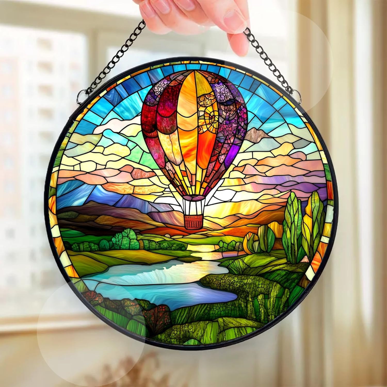Hot air Balloon Over a Calm Lake at Sunrise Suncatcher Indoor/Outdoor ...