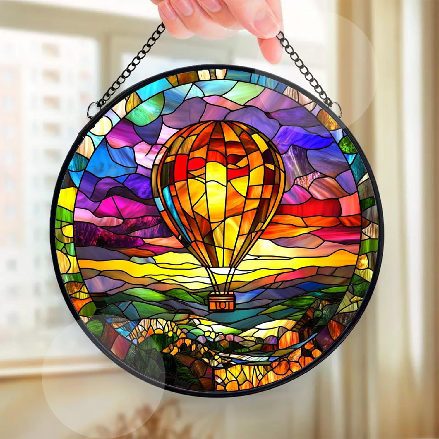 Hot air Balloon at Dusk with a Glowing Sky Suncatcher Indoor/Outdoor ...