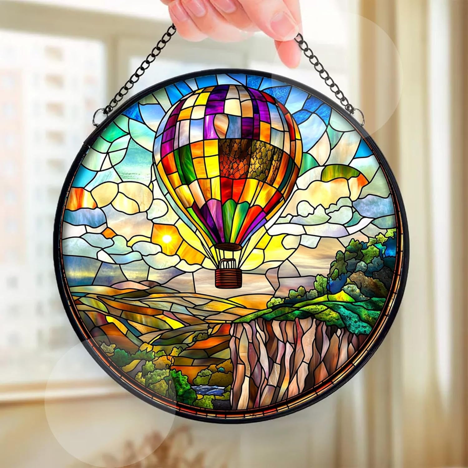 Hot air Balloon at The Edge of a Cliff with a View Suncatcher Indoor ...