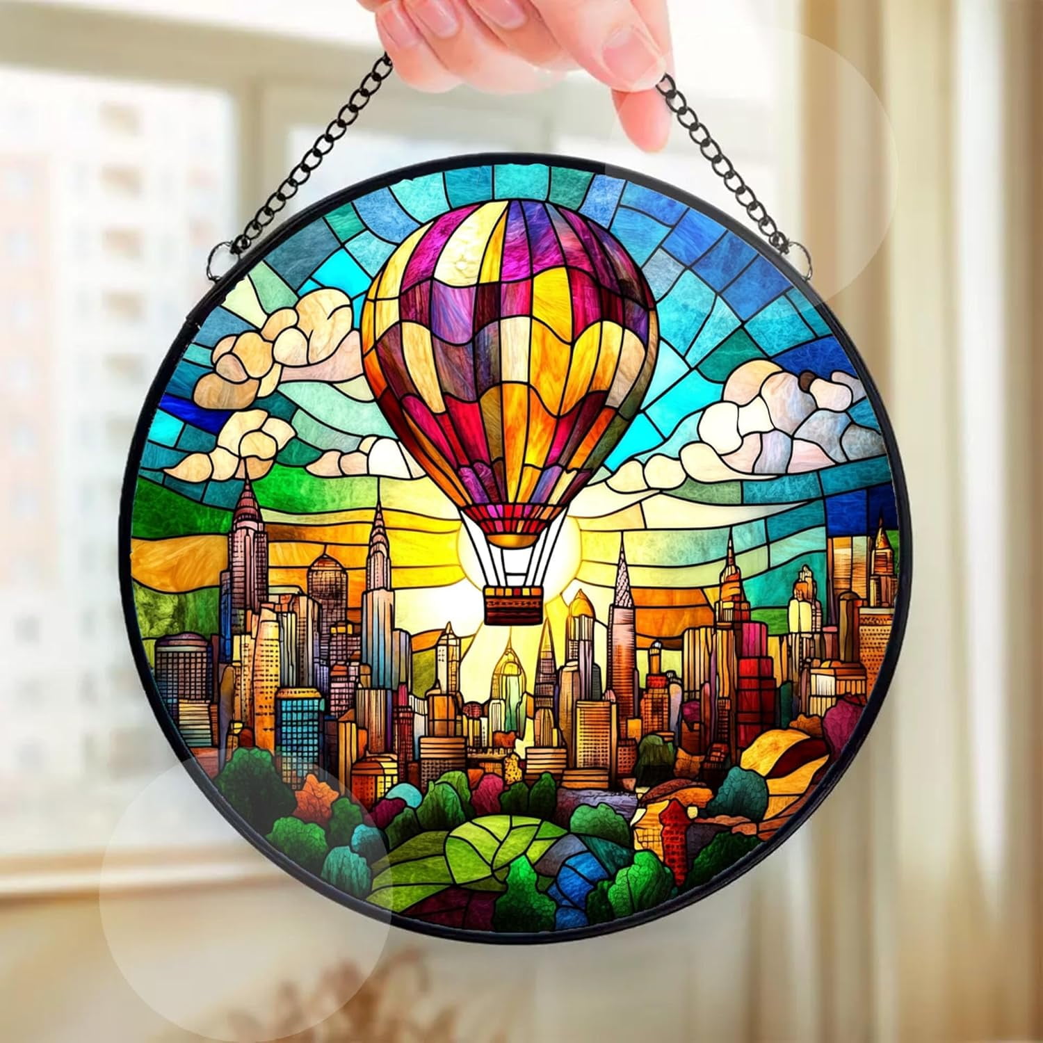 Hot air Balloon Flying Over a City Skyline Suncatcher Indoor/Outdoor ...