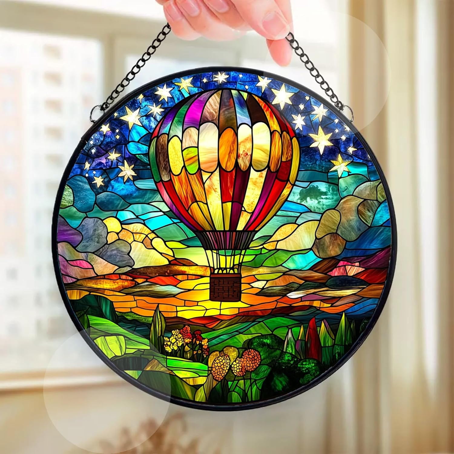 Hot air Balloon at Night with Stars Twinkling Suncatcher Indoor/Outdoor ...