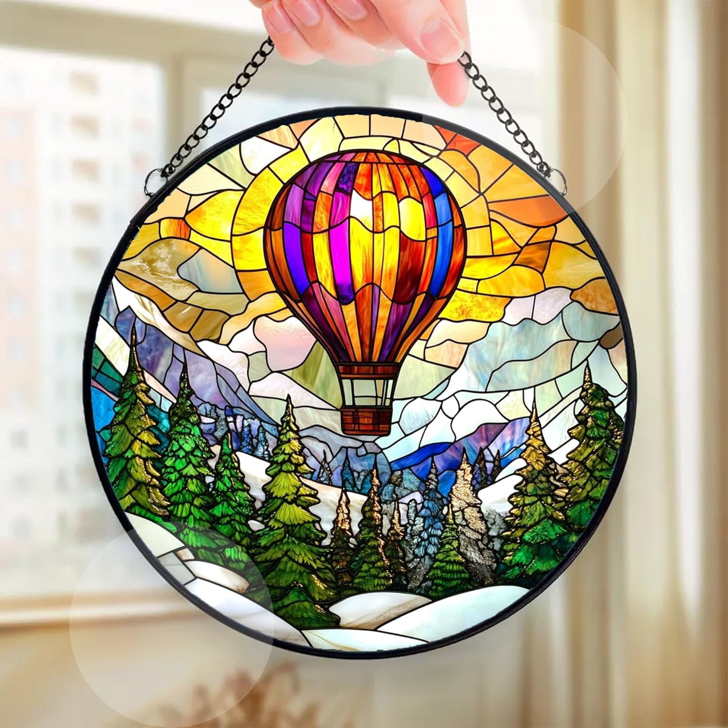Hot air Balloon with Snowy Pine Trees Below Suncatcher Indoor/Outdoor ...