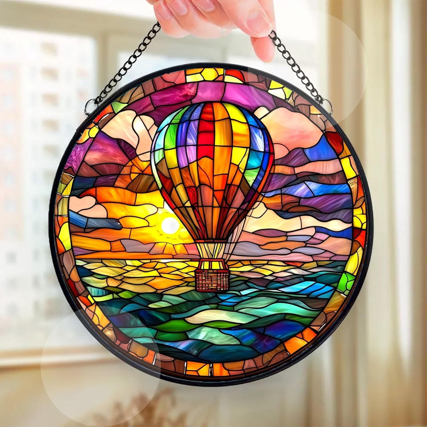 Hot air Balloon at Sunset Over a Calm sea Suncatcher Indoor/Outdoor ...
