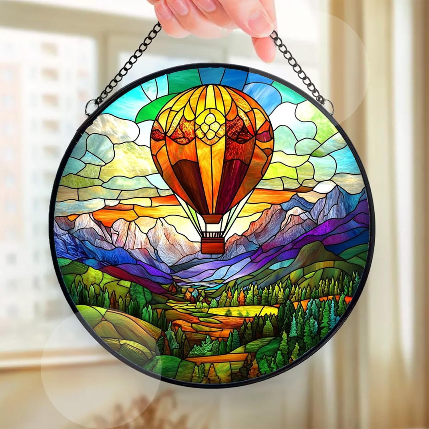 Hot air Balloon with a vast Mountain Range Below Suncatcher Indoor ...