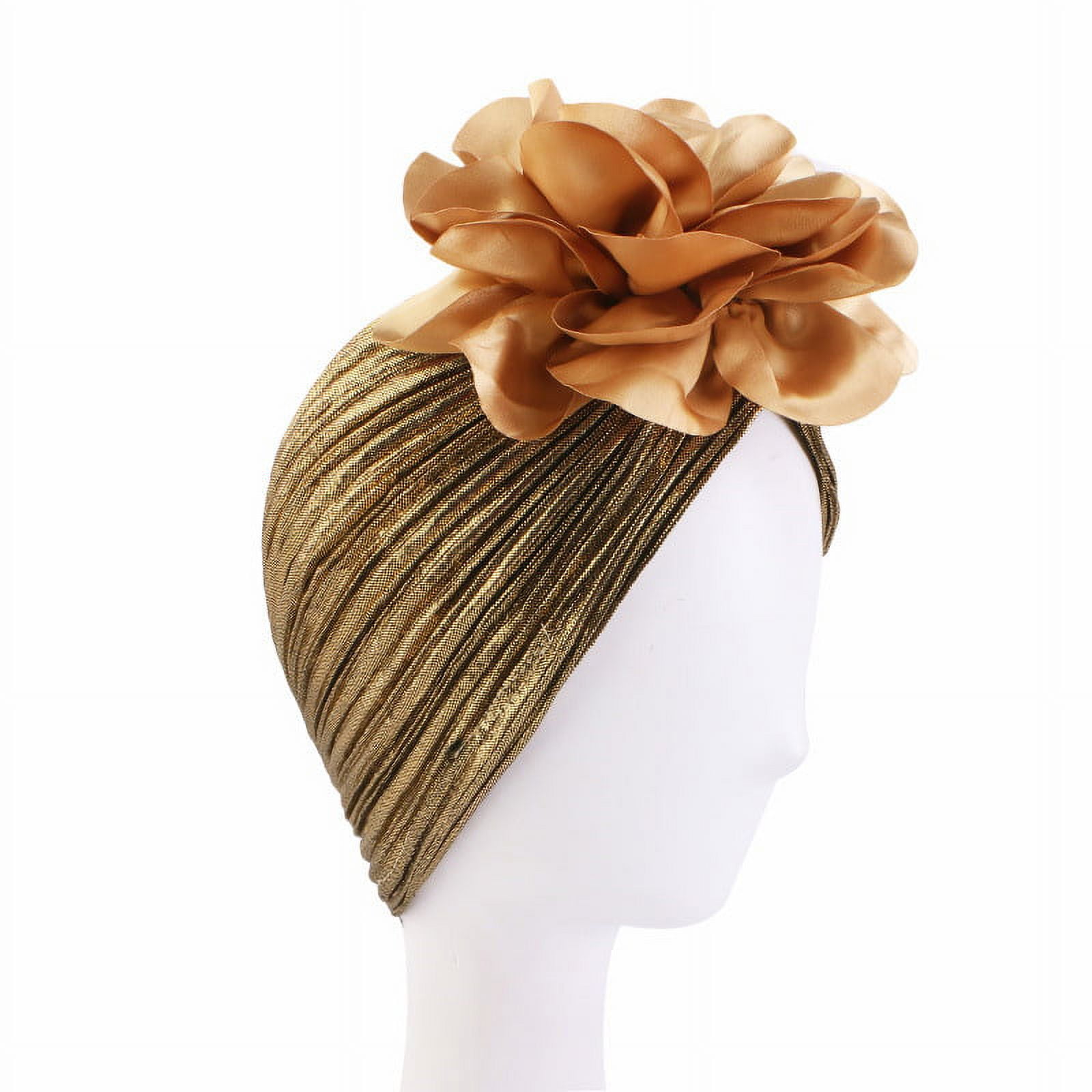 Hot gold pleated large flower turban cap cancer chemotherapy cap (dark ...