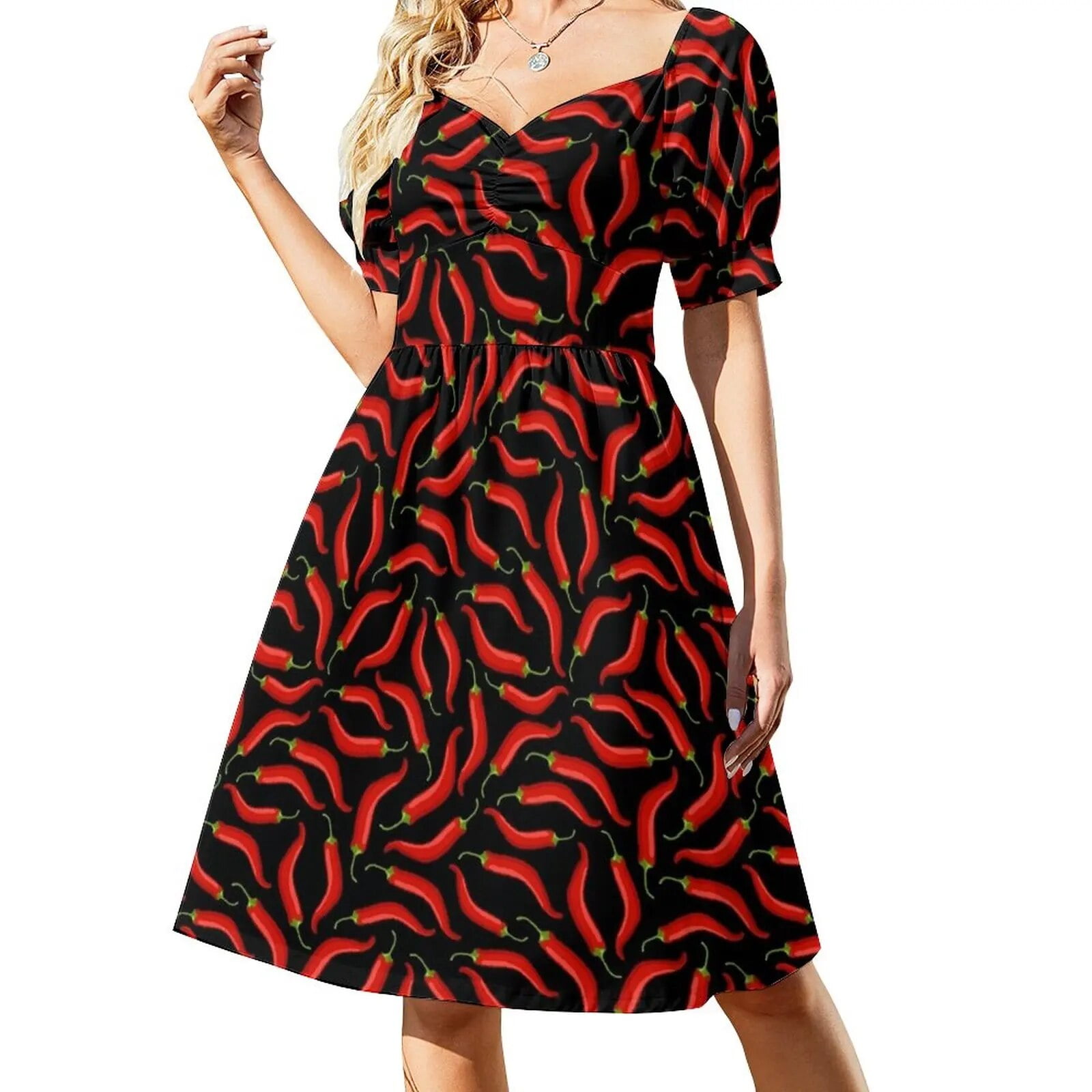 Hot red chili pepper pattern with black background Dress elegant dress ...