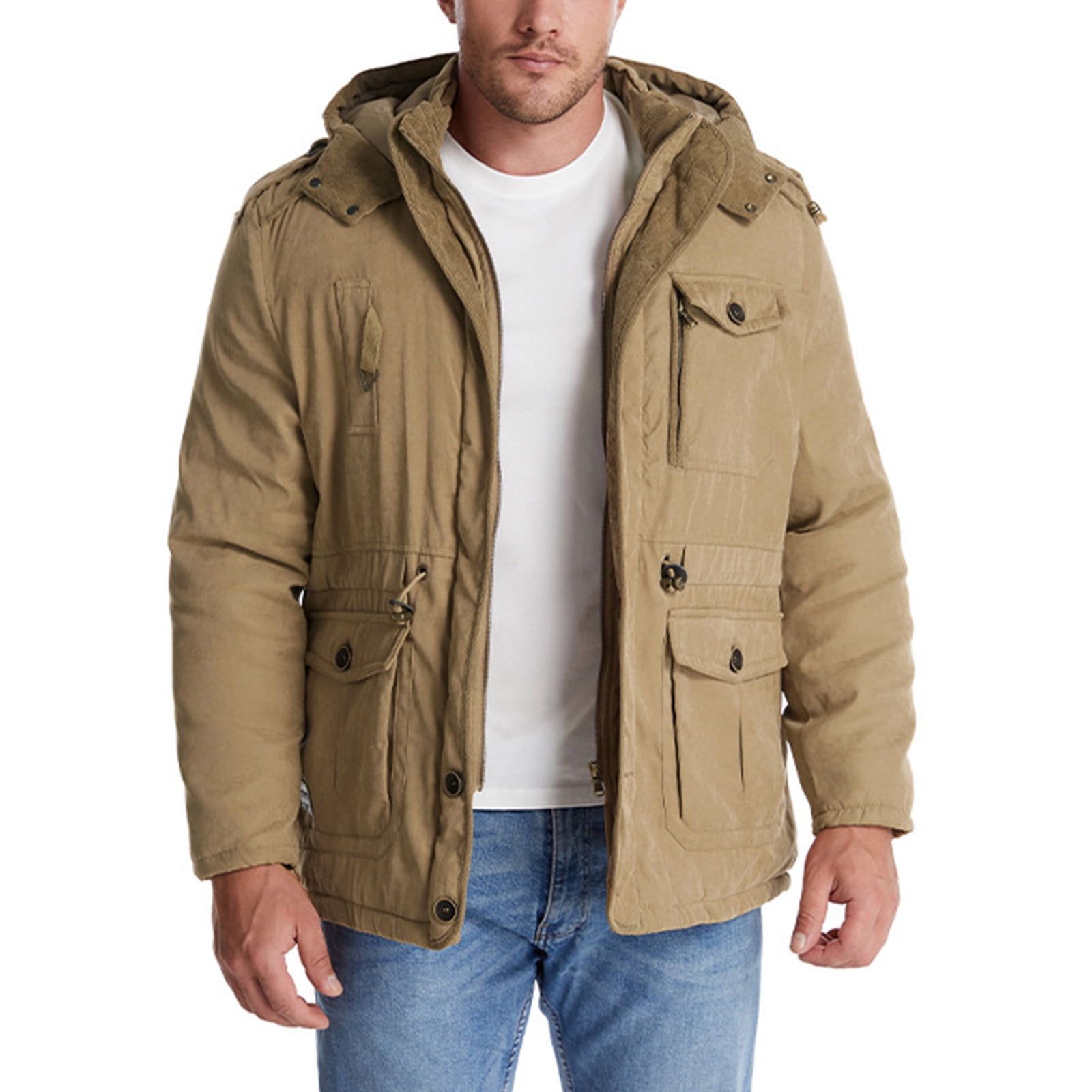 Hot6sl Hooded Jacket for Men Casual Plush Solid Outdoor Cargo Jackets ...