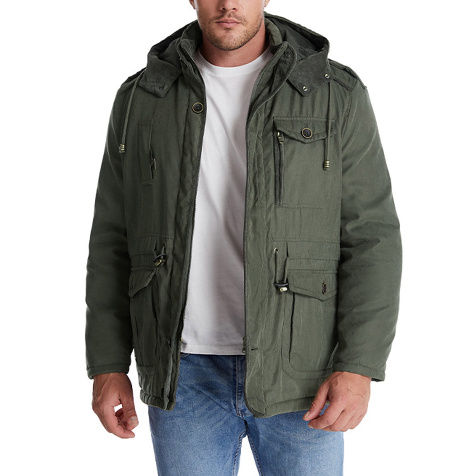 Hot6sl Hooded Jacket for Men Casual Plush Solid Outdoor Cargo Jackets ...
