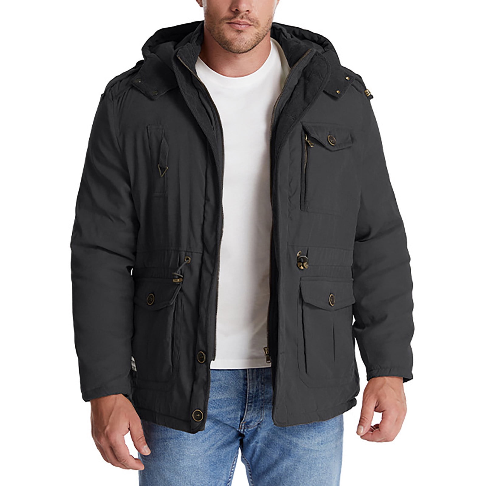 Hot6sl Hooded Jacket for Men Casual Plush Solid Outdoor Cargo Jackets ...
