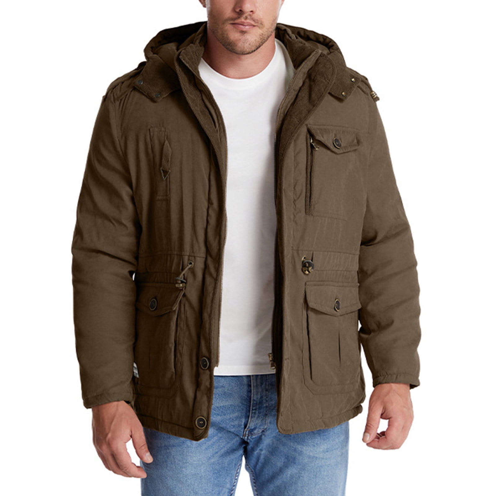 Hot6sl Hooded Jacket for Men Casual Plush Solid Outdoor Cargo Jackets ...