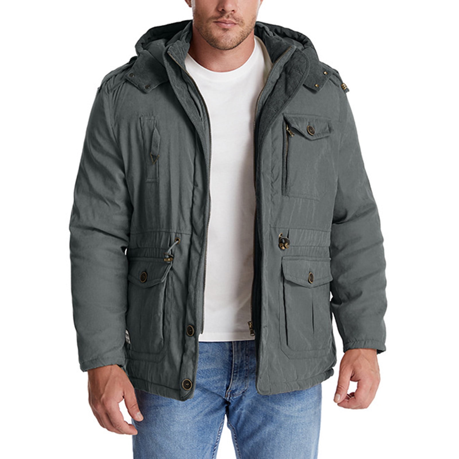 Hot6sl Hooded Jacket for Men Casual Plush Solid Outdoor Cargo Jackets ...