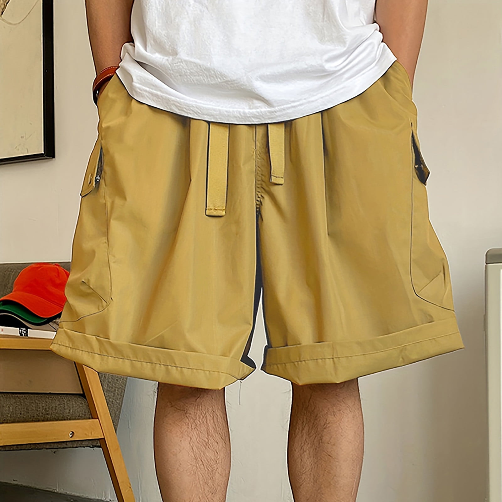 Hot6sl Mens Shorts Cargo Oversized Solid Color High Waist Beach Shorts ...