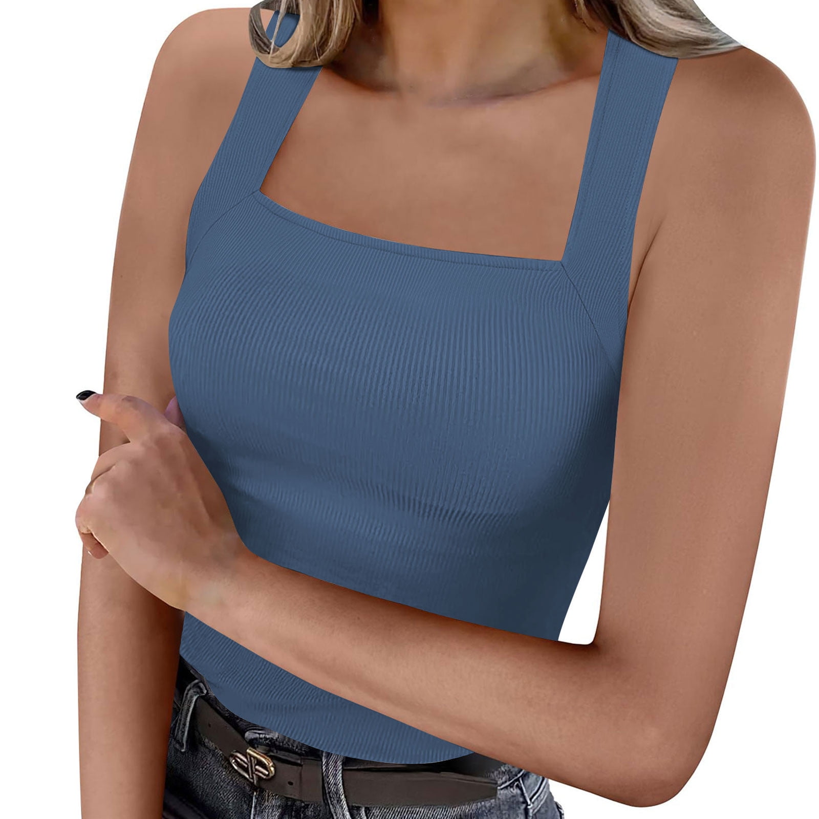 Hot6sl Women Tank Tops Fashion Solid Color Square Neckline Tee Shirts Leisure Slim Fit ...