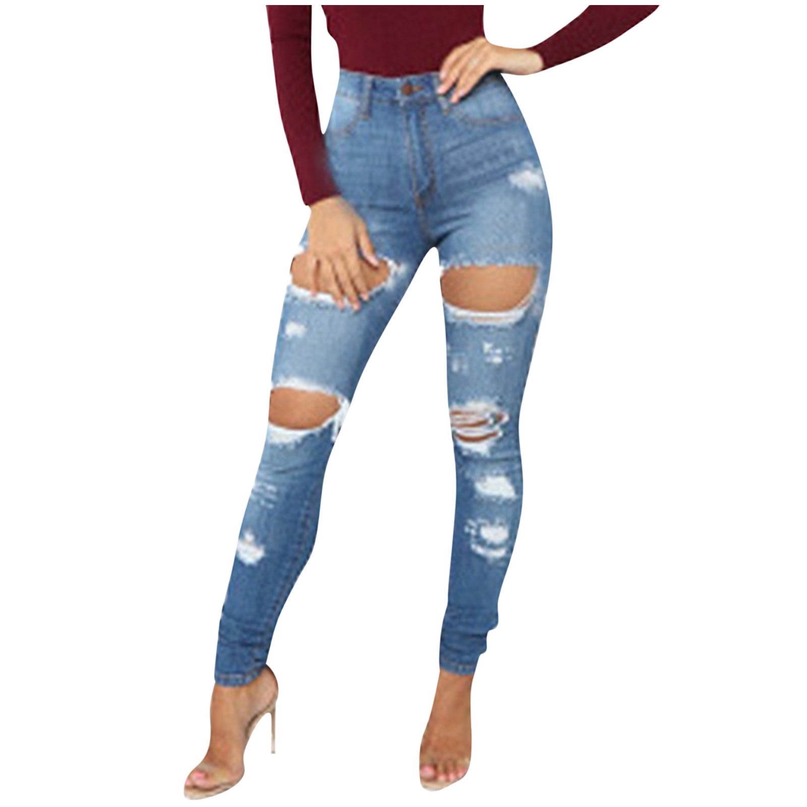 Hot6sl Womens Denim Solid Color Ripped Denim Trousers Casual Jeans ...