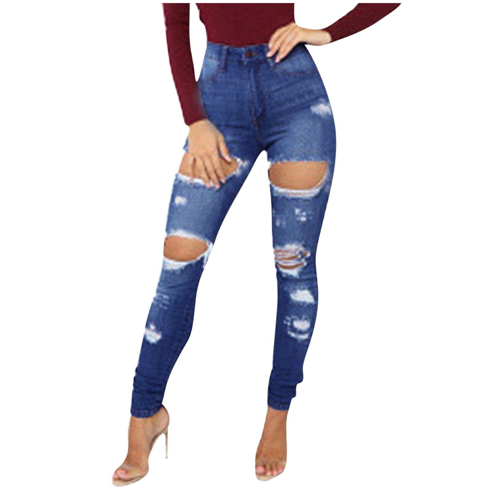 Hot6sl Womens Denim Solid Color Ripped Denim Trousers Casual Jeans ...