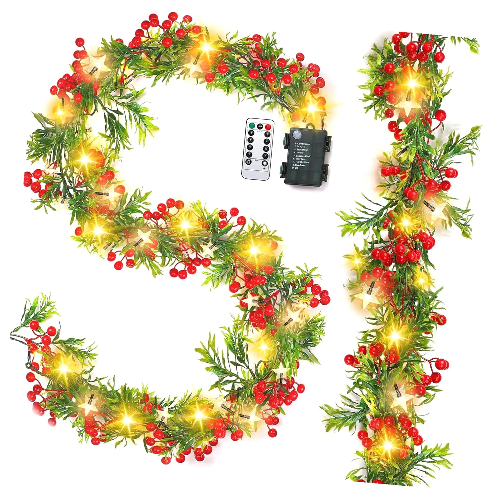 Hotbar 2 Pieces Pre-lit Christmas Garland with Lights 12 ft 20 Illuminated Stars Pine Cone Holly ...