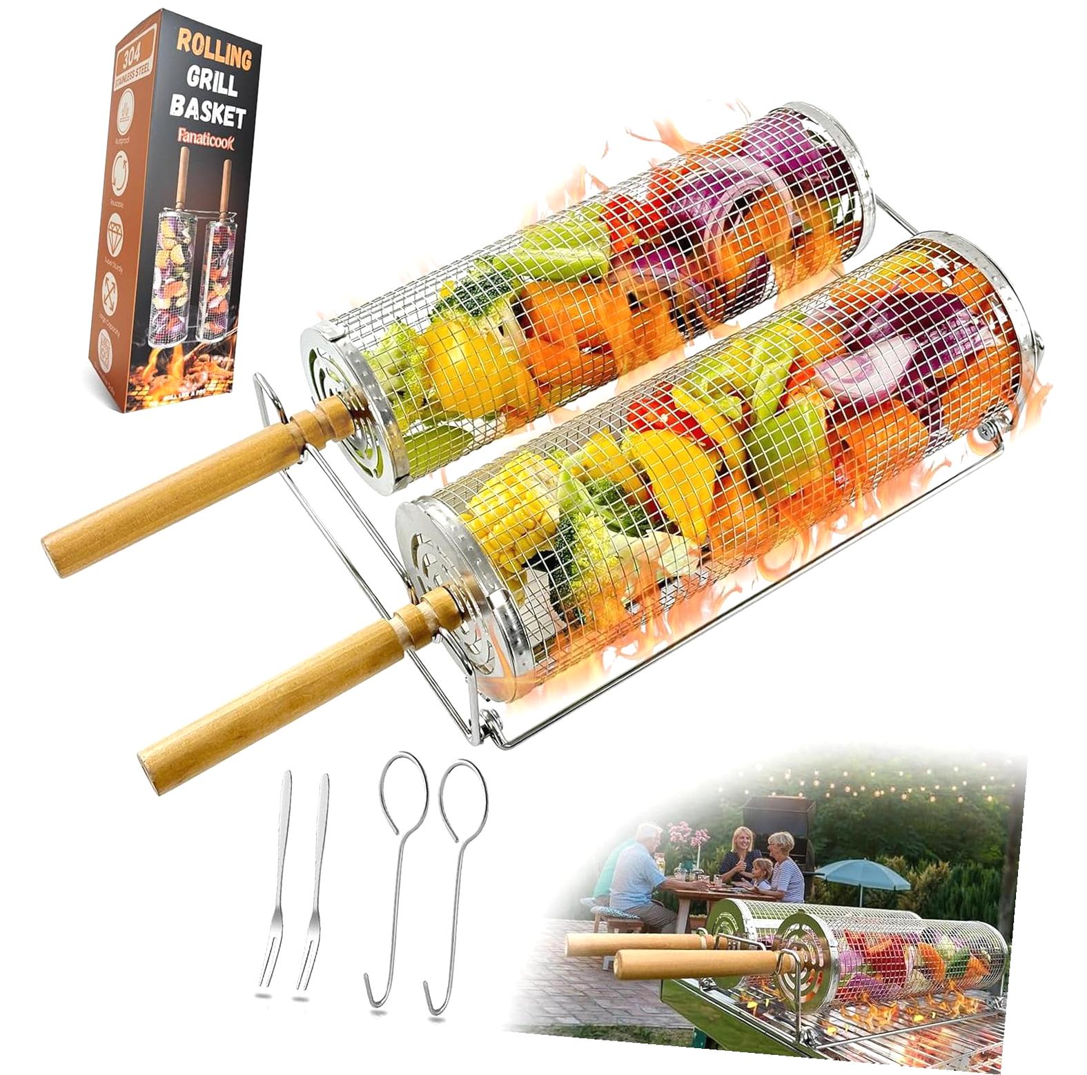 Hotbar 2PCS Nesting Grill Basket with Wooden Handle, 10oz Oil Sprayer ...