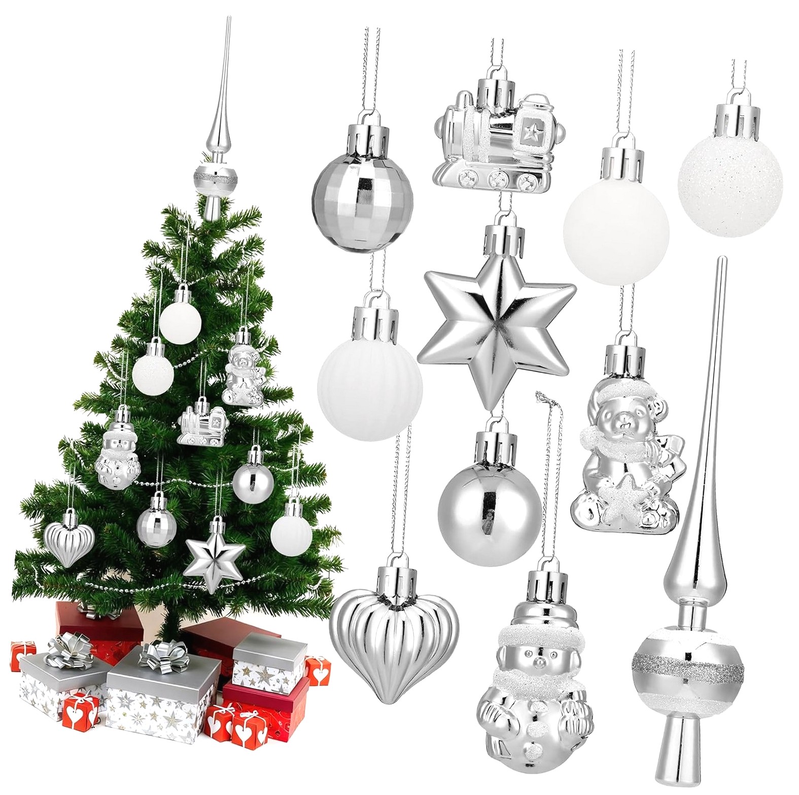 Hotbar 34 Pieces Silver and White Christmas Ornaments Set, Small ...