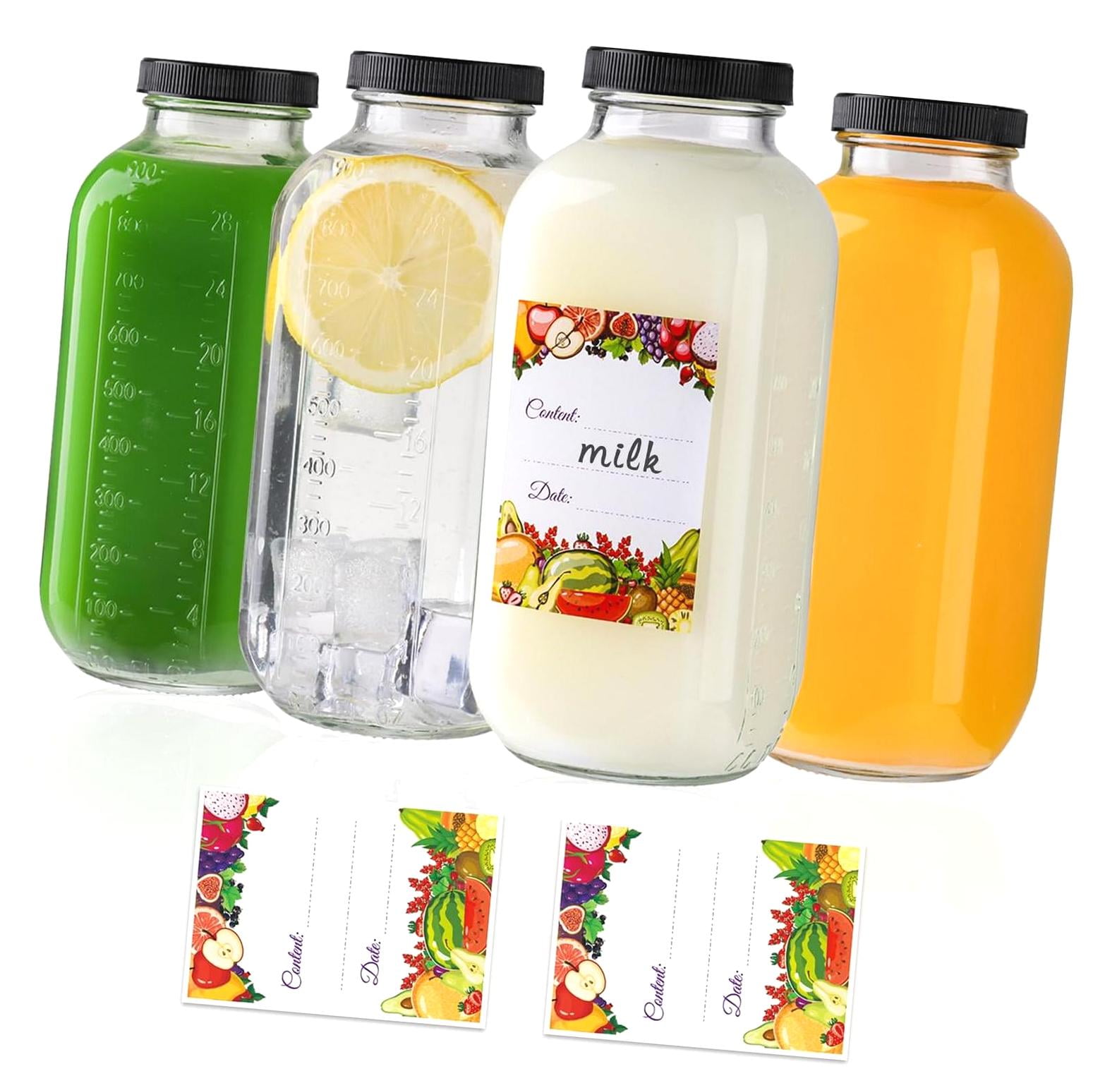 Hotbar 4Pack Juicing Bottles Glass 32oz, Square Glass Bottles with ...