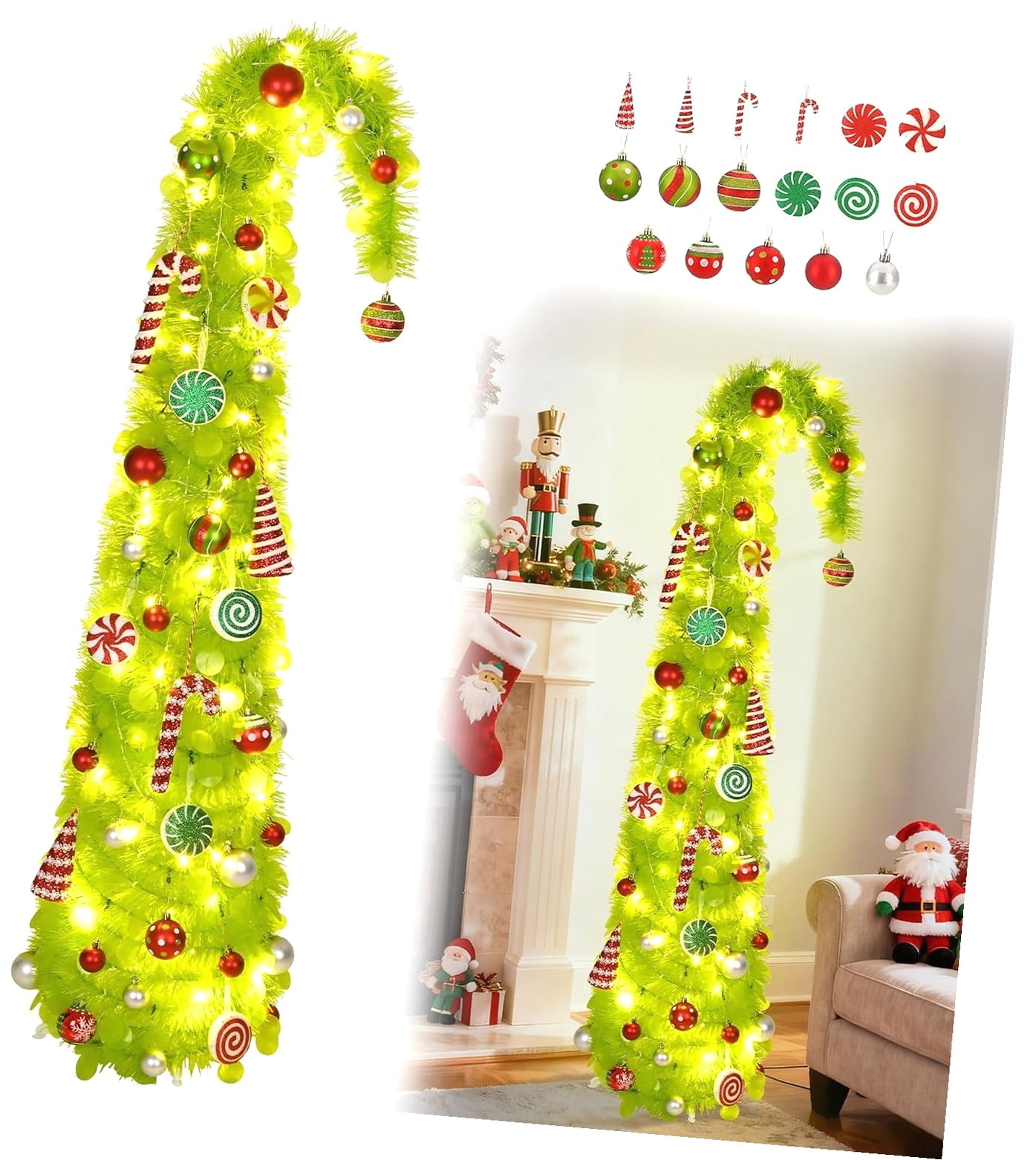 Hotbar 5Ft Whimsical Christmas Tree with 50 Lights, Lime Pencil Trees ...