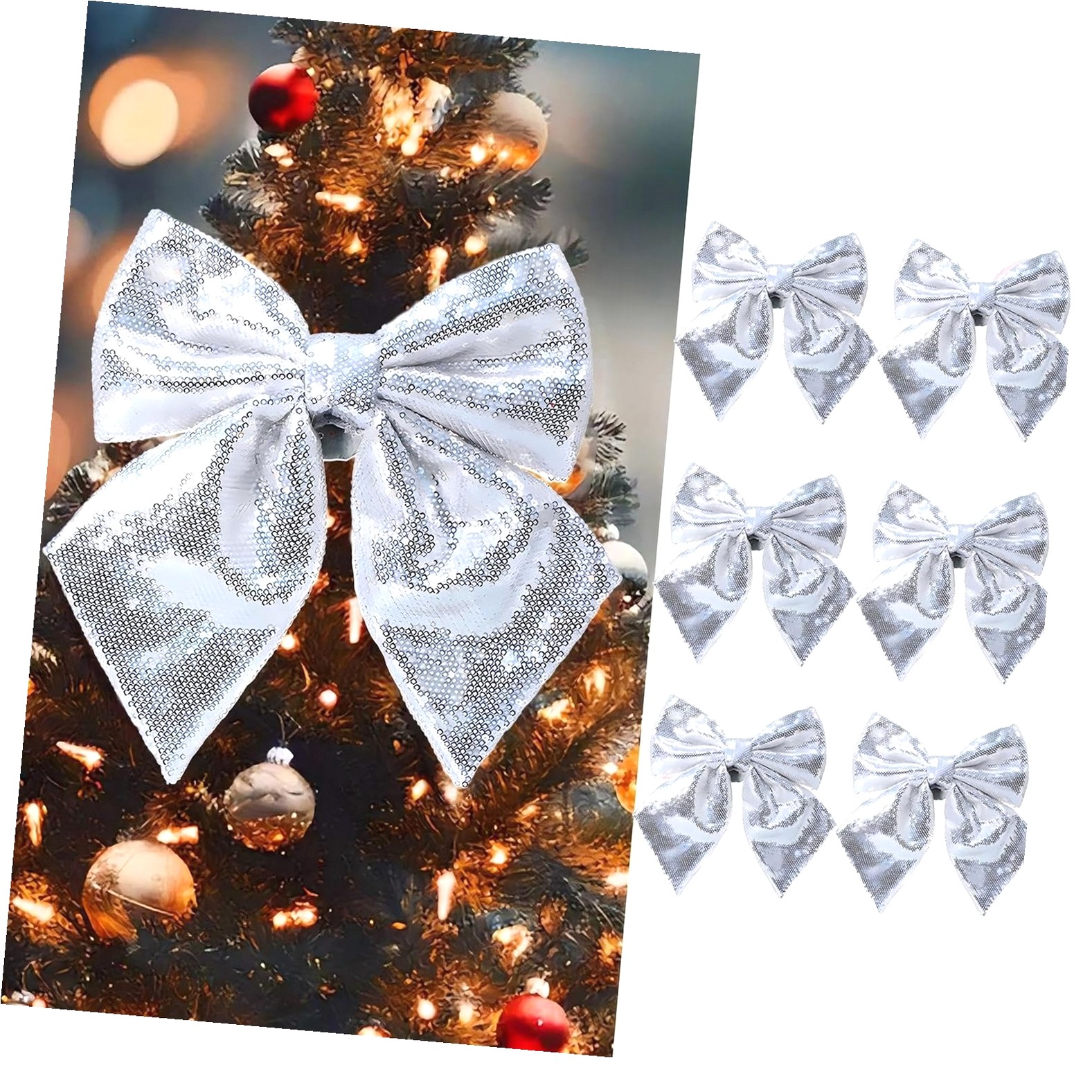 Hotbar 6 Pack 10x8 Inch Silver Glitter Christmas Bows Decorations ...