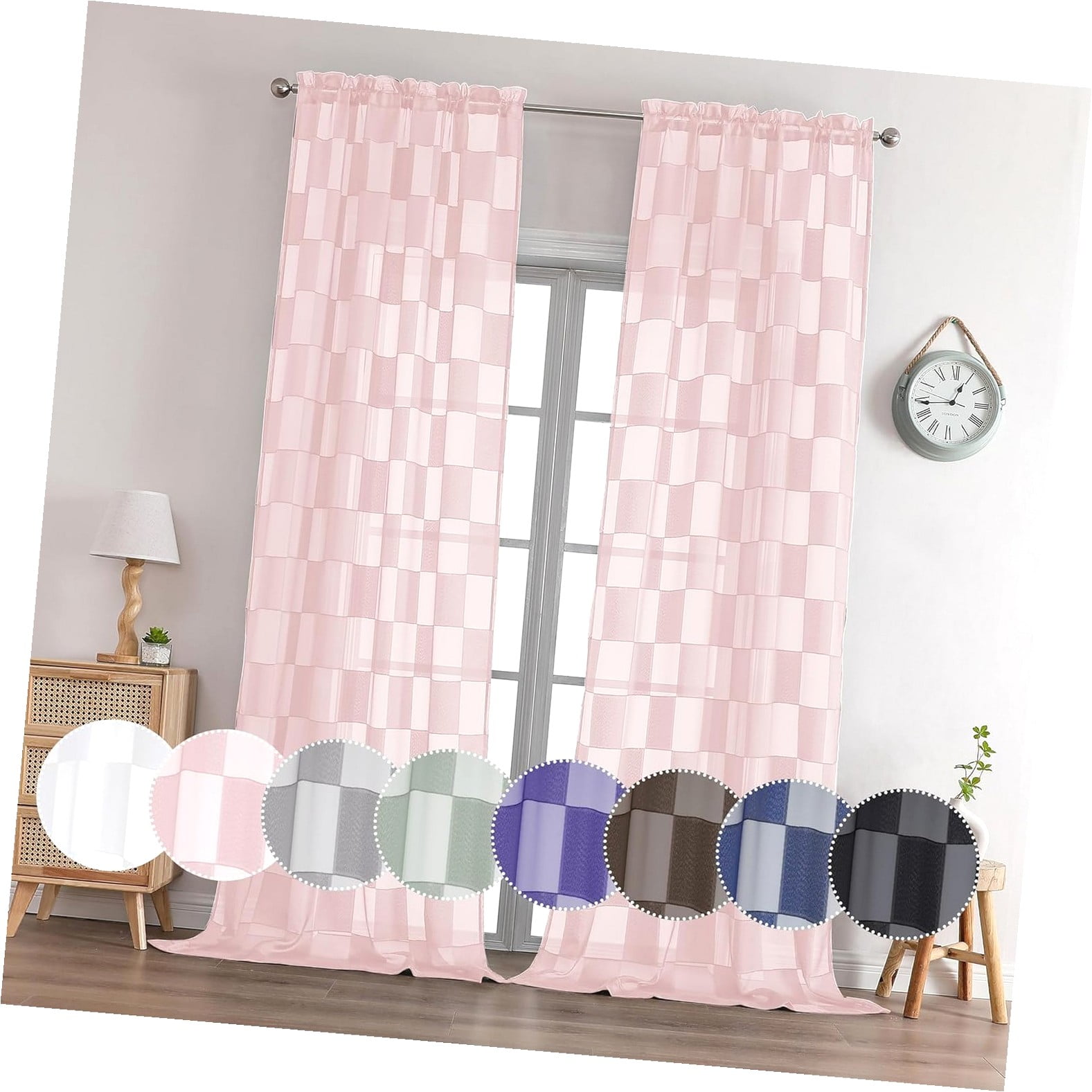 Hotbar Barry Sheer Curtains 96 Inch Length 2 Panels Checkered Light ...